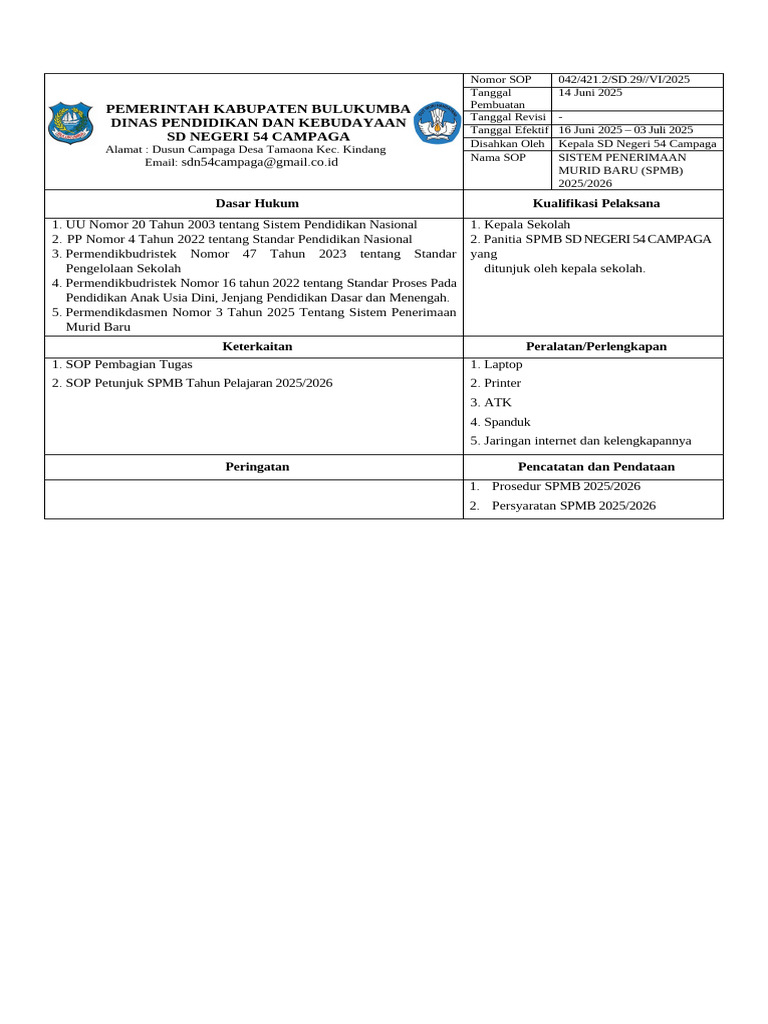Sop SPMB SD Negeri 55 Cibollo 2025 2026 | PDF
