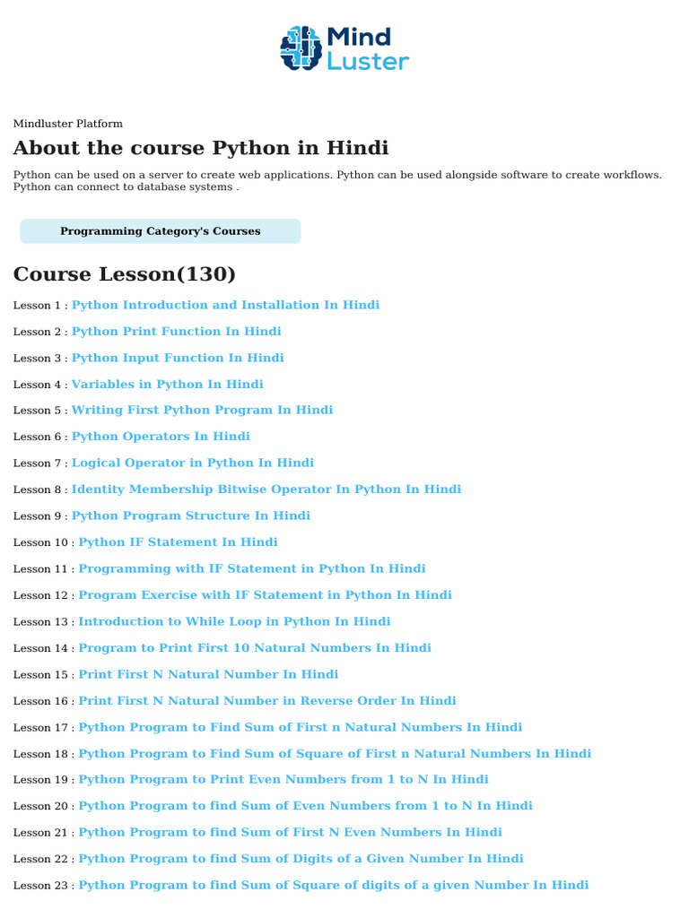 Python in Hindi Course Content | PDF | Python (Programming Language ...