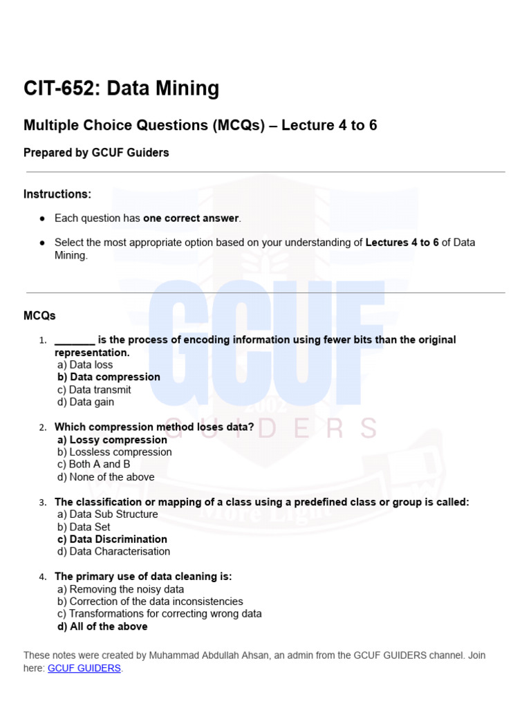 MCQ's of Data Mining CIT-661 Part 2 - Prepared by GCUF Guiders | PDF | Data Compression ...