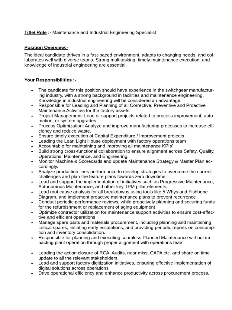 Maintenance Engineering Specialist Role | PDF | Industrial Engineering ...