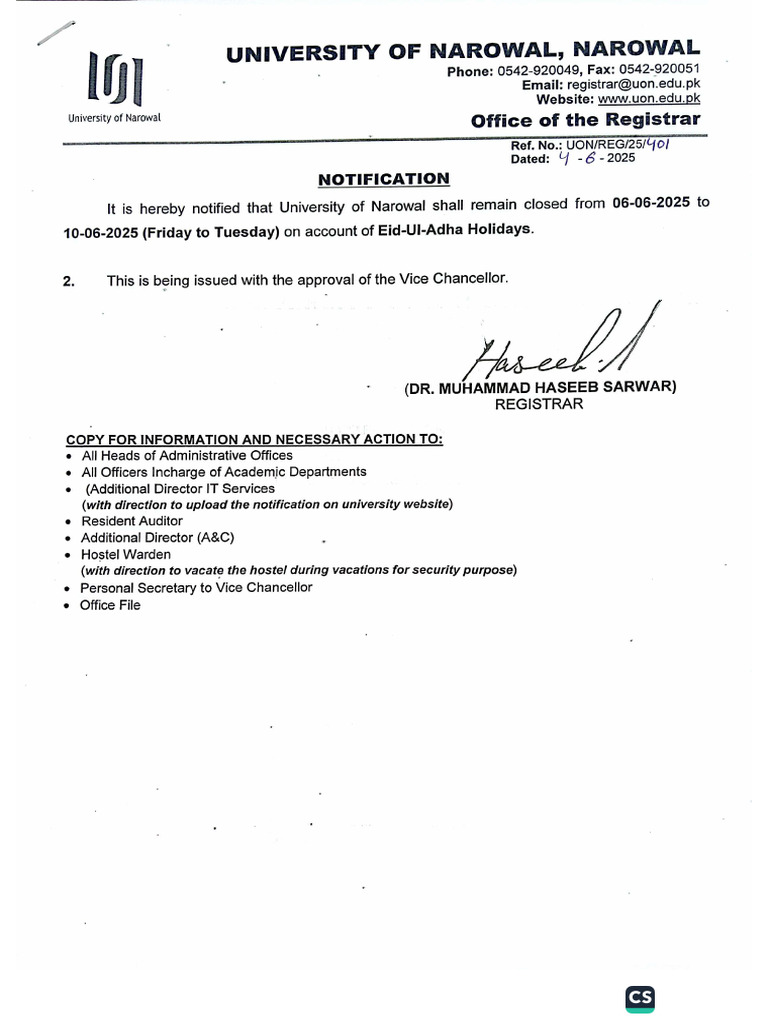 Notification Eid Ul Adha Holidays | PDF