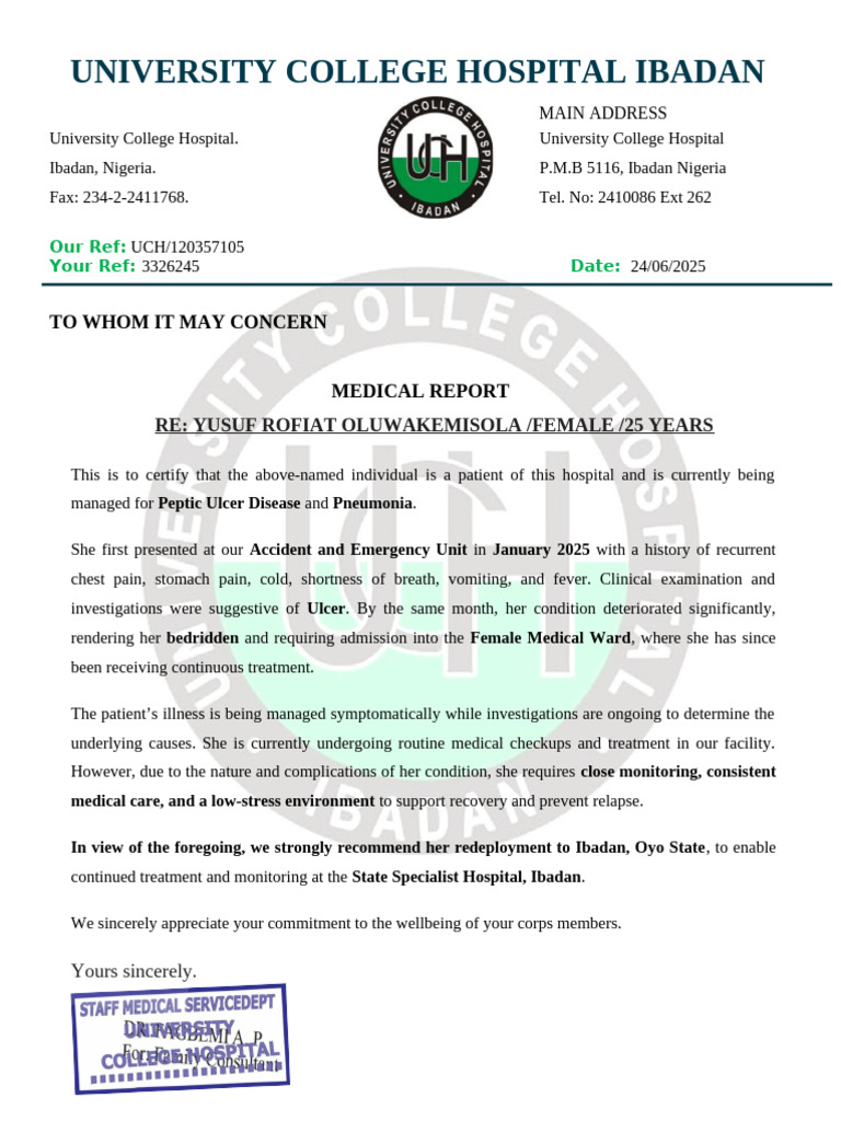 Medical Report: Yusuf Rofiat Oluwakemisola | PDF