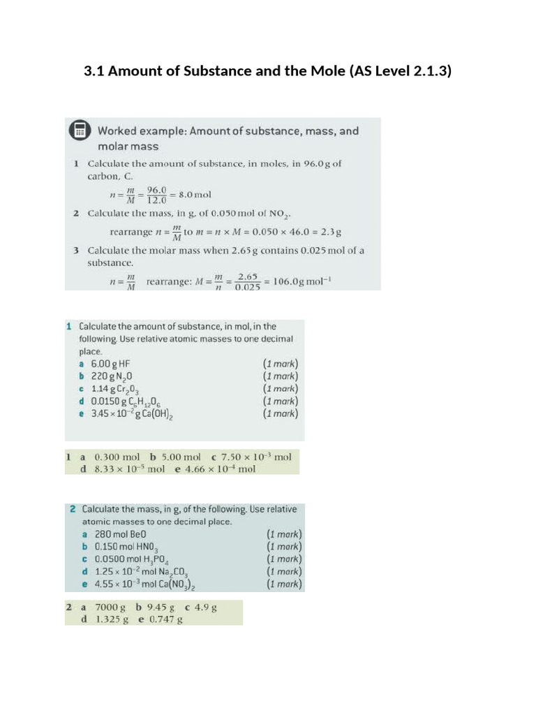 3.1 Amount of Substance and The Mole | PDF