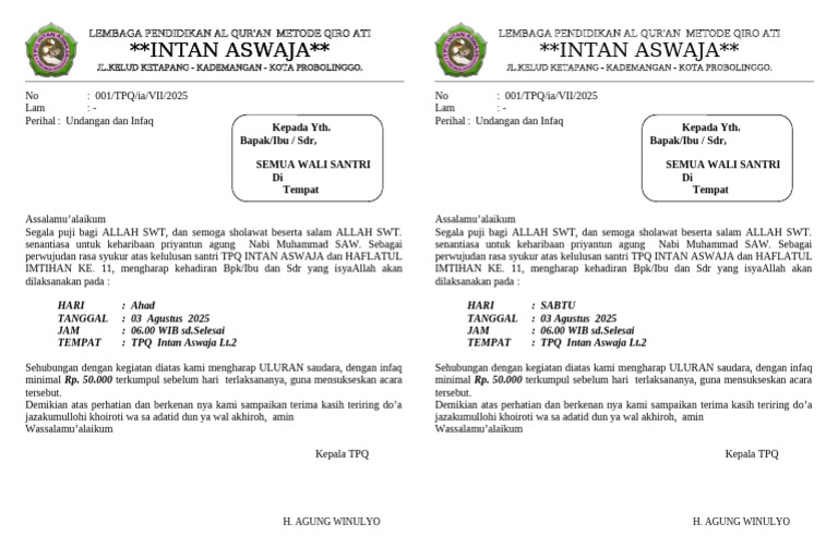 Undangan Infaq Kelulusan Santri TPQ | PDF
