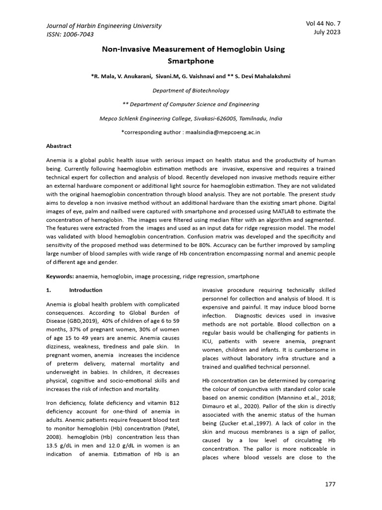 Non Invasive Hb Diagnosis Paper | PDF | Anemia | Linear Regression