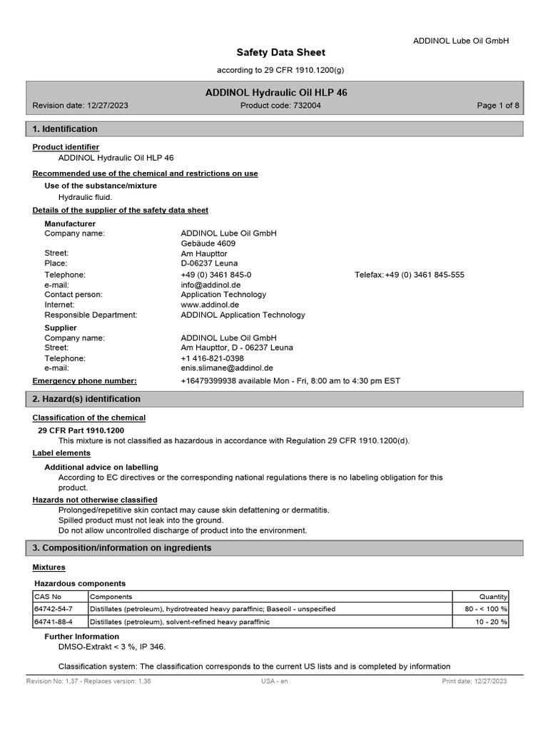 ADDINOL HLP 46 Safety Data Sheet | PDF | Dangerous Goods | Toxicity