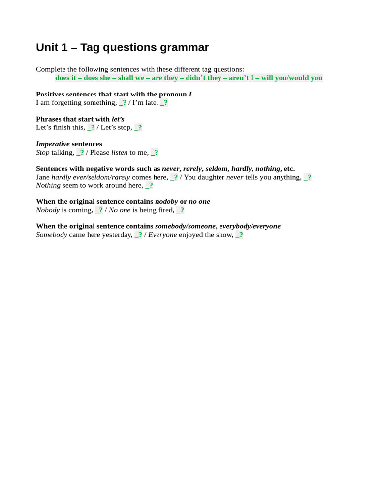 Unit 1 Tag Questions Grammar | PDF