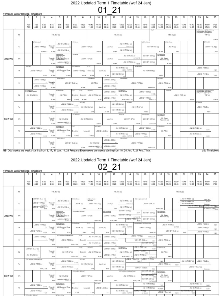 2022 JC2 Updated Term 1 Timetable Wef 24 Jan - v127 | PDF