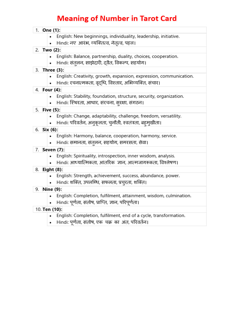 Meaning of Number in Tarot Card | PDF