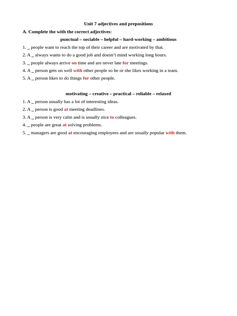 Unit 7 Adjectives With Prepositions Part A | PDF