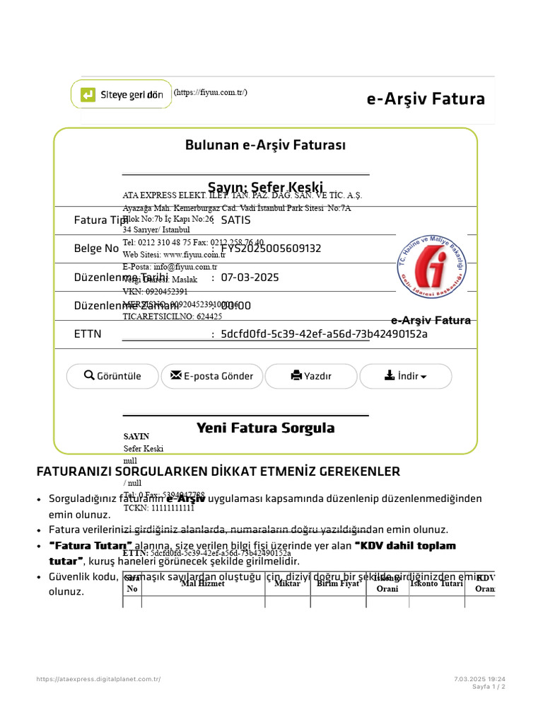Ataexpress Fatura Sorgulama, Ataexpress E-Fatura | PDF
