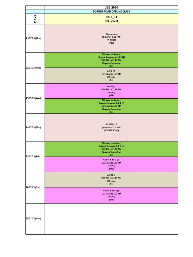 Boring Road Offline Class BR12 - D3 (JEE - 2026) | PDF