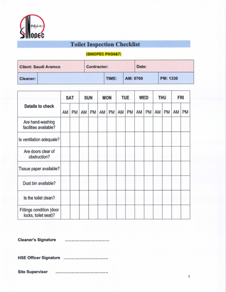 TOILET Inspection Checklist | PDF