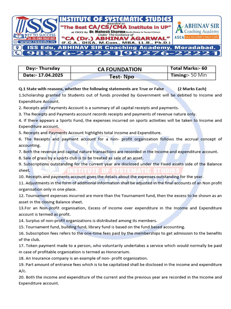 NPO CA Foundation Test Overview | PDF | Expense | Nonprofit Organization