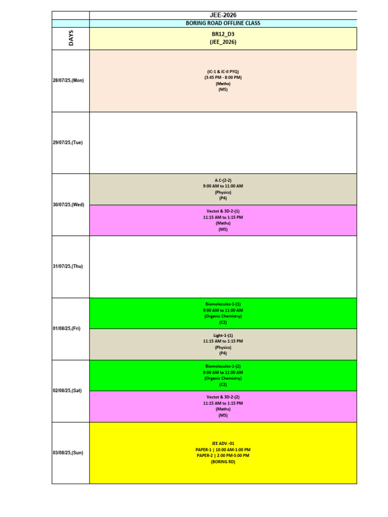Boring Road Offline Class BR12 - D3 (JEE - 2026) | PDF