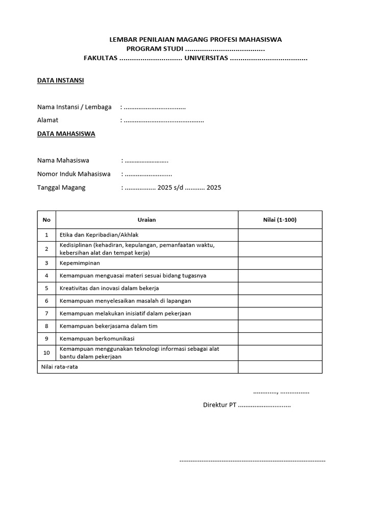 Lembar Penilaian Magang Profesi Mahasiswa | PDF