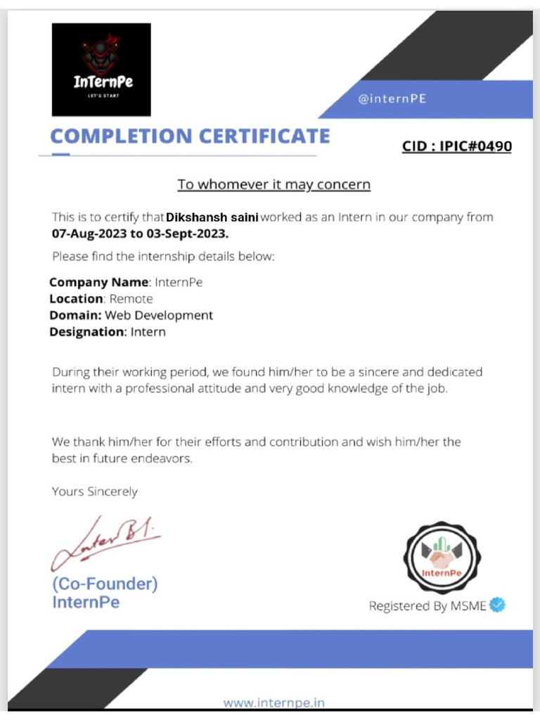 Dikshansh Saini Completion Certificate | PDF