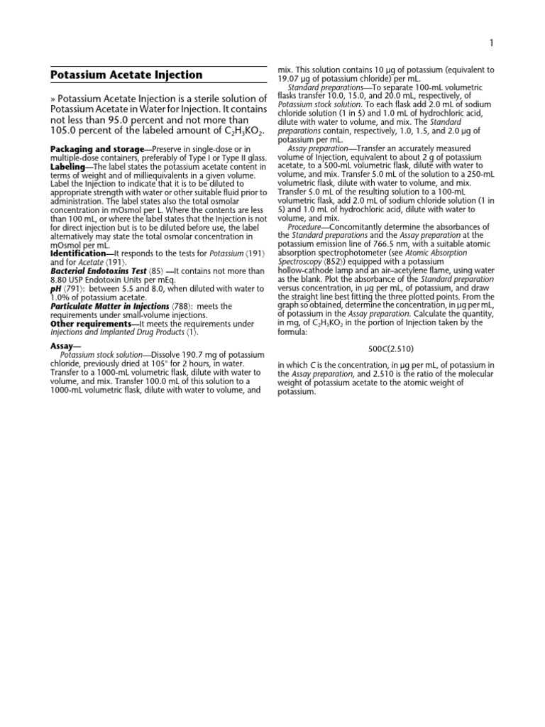 Potassium Acetate Injection | PDF | Potassium | Chemistry