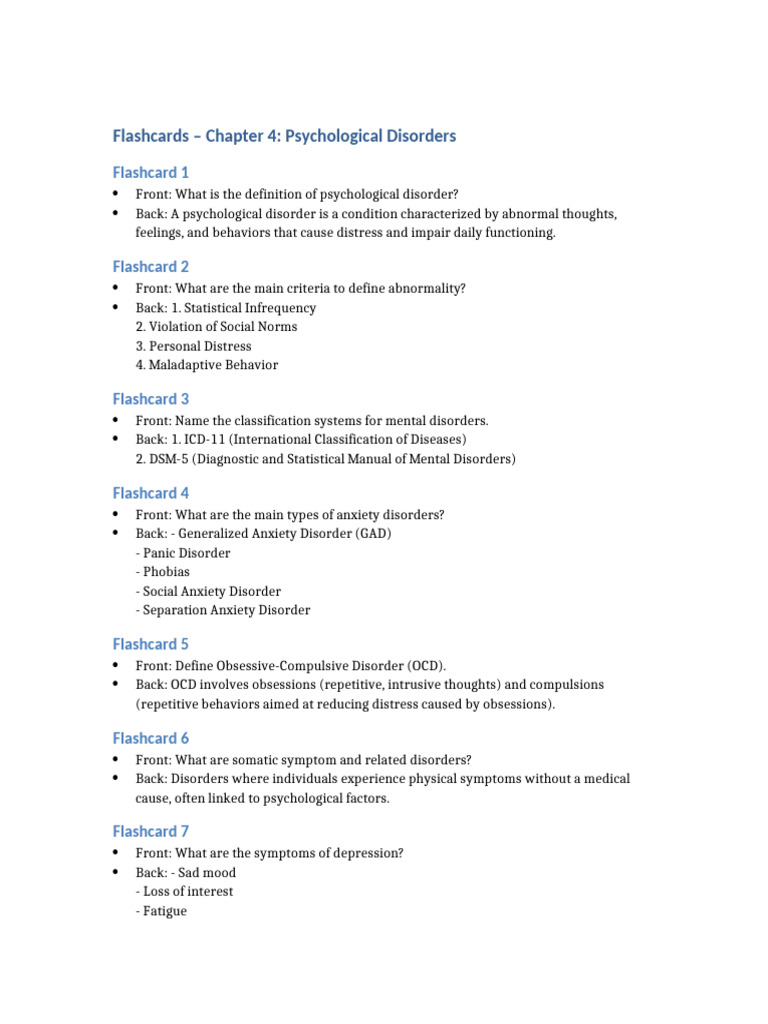 Flashcards Chapter4 Psychological Disorders | PDF