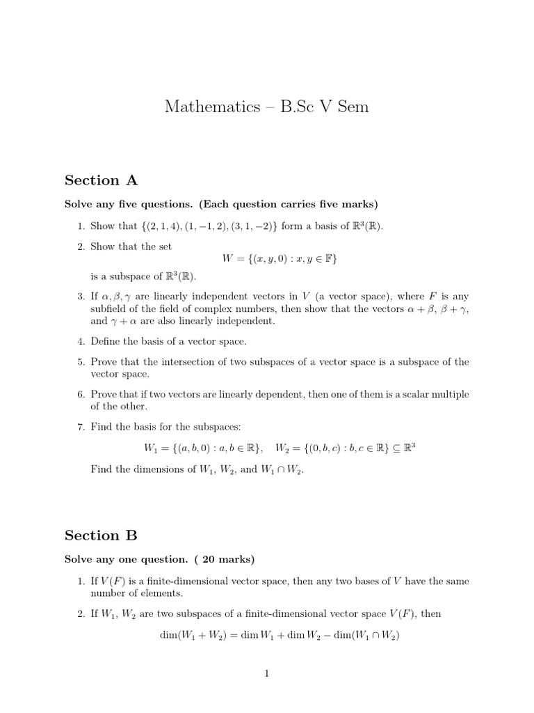 Mathematics BSC 5 Sem Question Paper | PDF