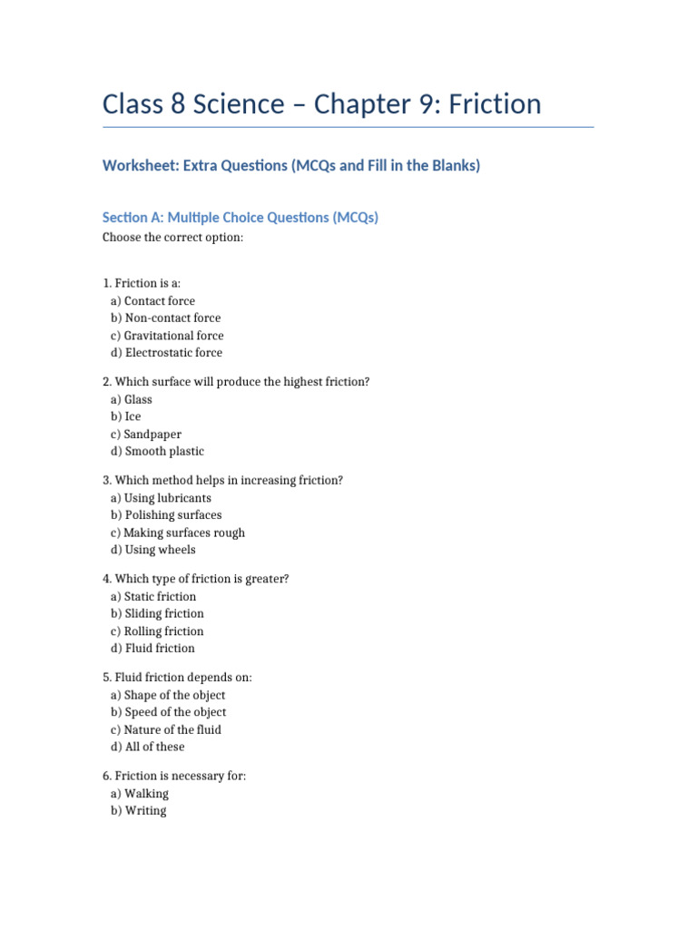 Friction Class8 Worksheet | PDF