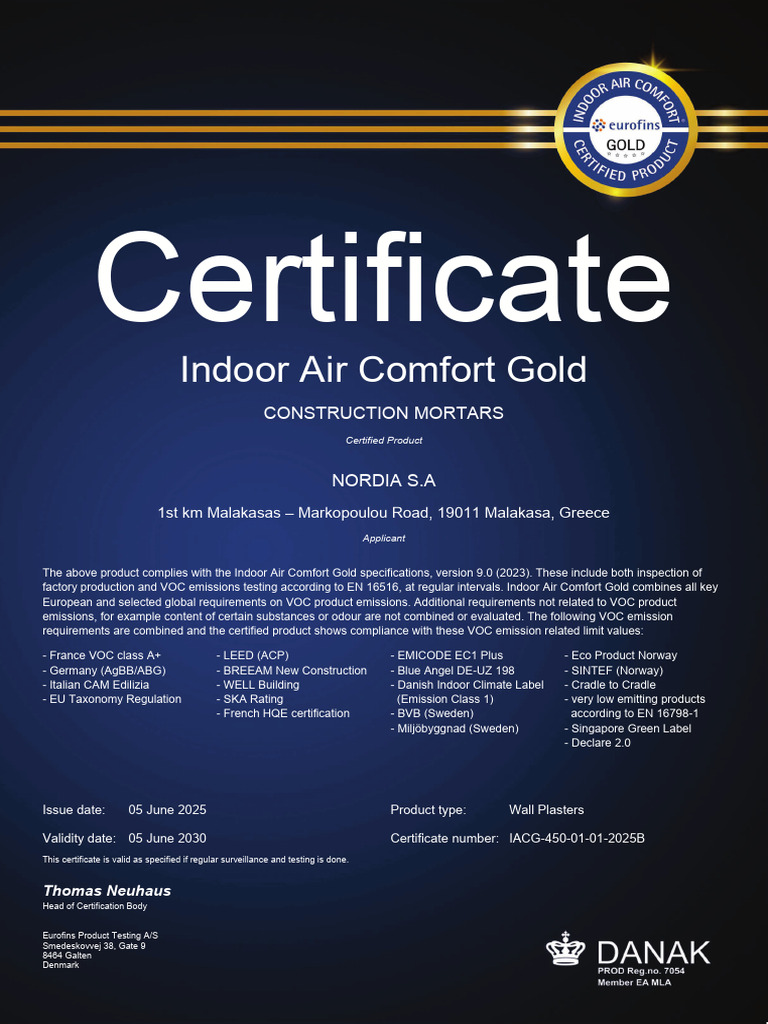 VOC EUROFINS IAC Gold Certificate Low VOC Construction Mortars | PDF ...
