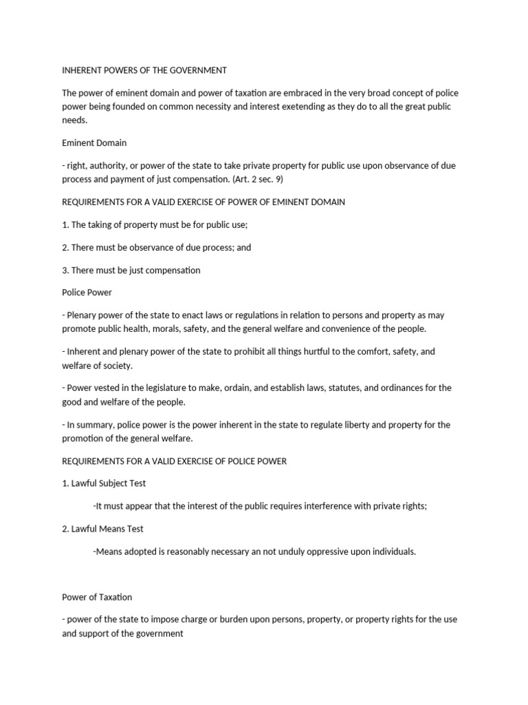 Inherent Powers of The Government - Notes and Concepts | PDF | Eminent ...