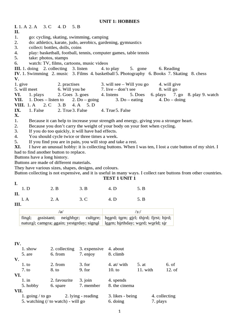 Keys Answer 7 Kì 1 | PDF | Lunch | Meal