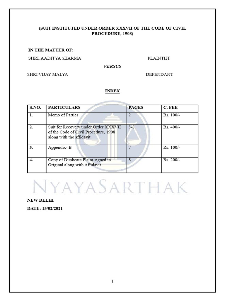 Complaint Under Order 37 CPC | PDF | Lawsuit | Cheque