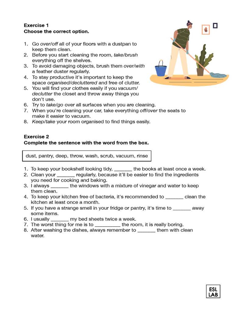 Cleaning Worksheet Exercises | PDF | Vacuum Cleaner | Home