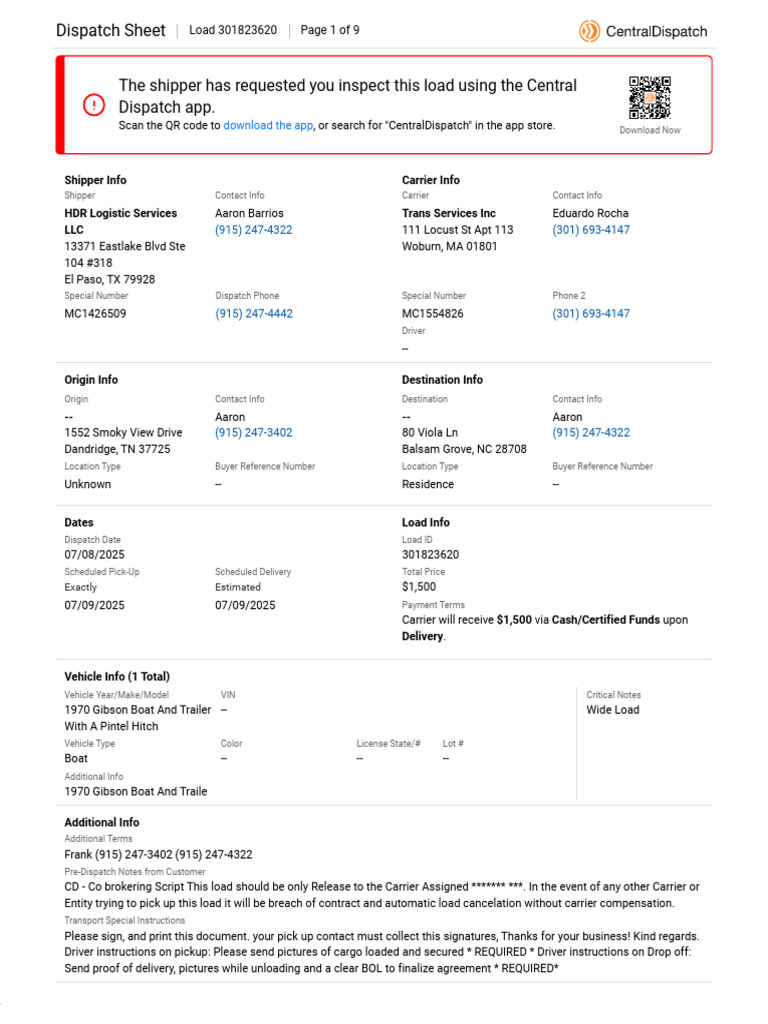 Central Dispatch Load Inspection Details | PDF | Cargo | Bill Of Lading