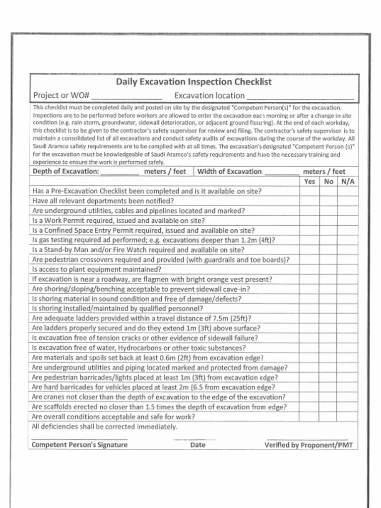 Daily Excavation Inspection | PDF
