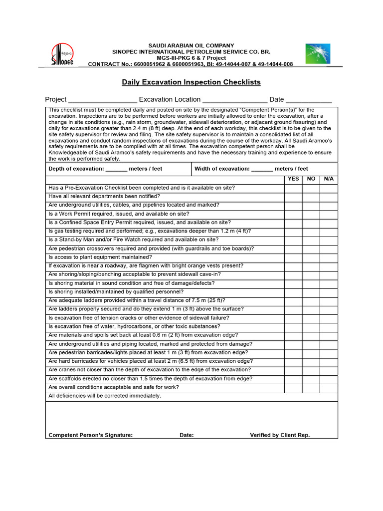 009-Daily Excavation Inspection Checklists | PDF