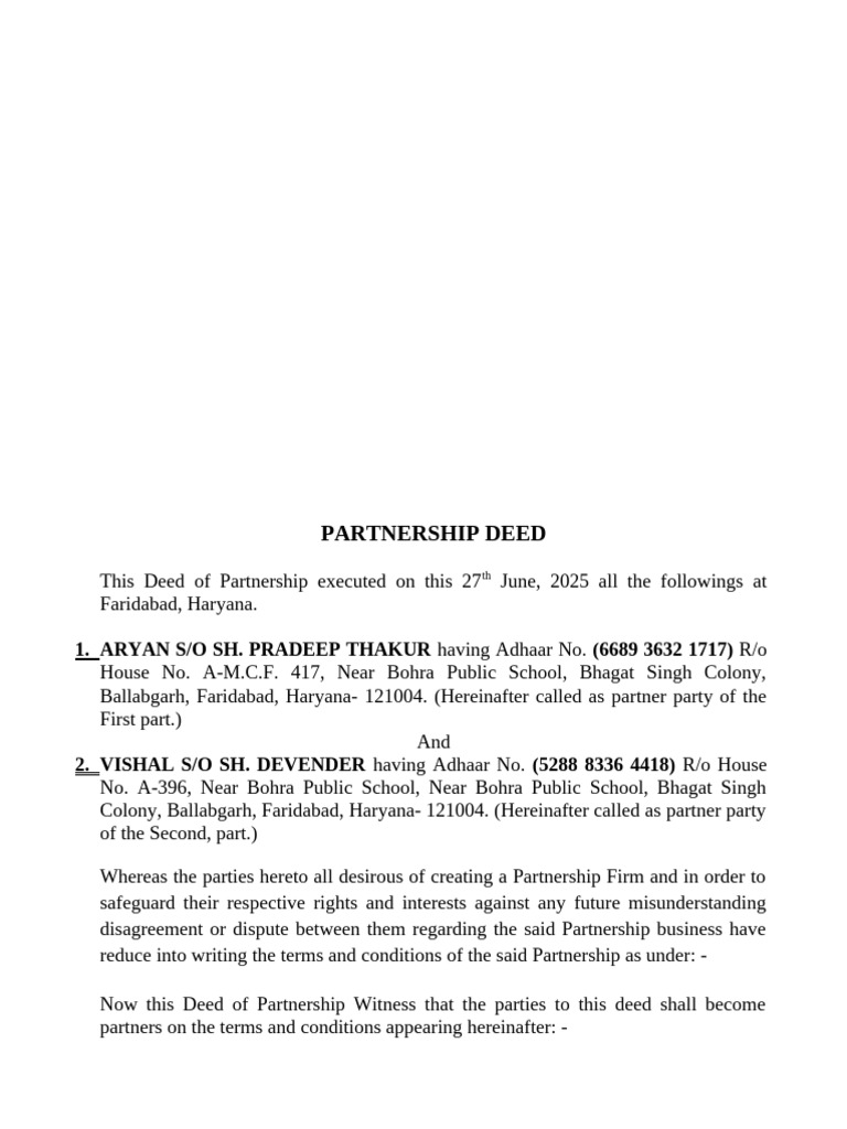 Partnership Deed for E-Commerce in Faridabad | PDF | Partnership | Business