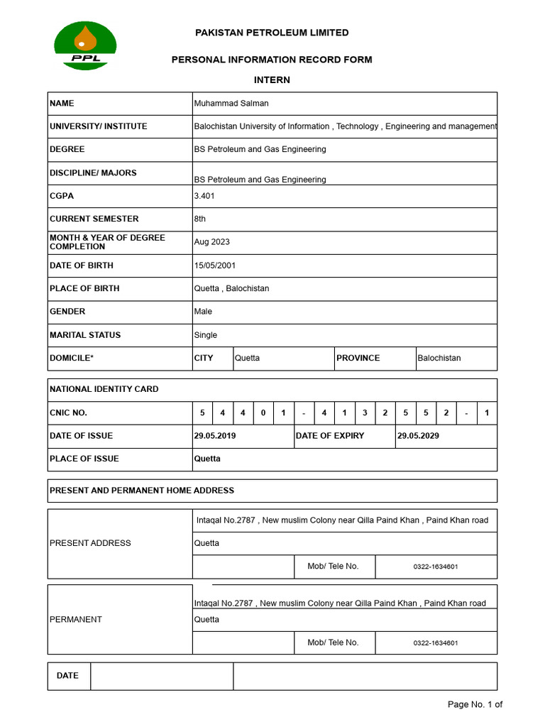 M.salman's PIR Form- Intern.xlsx - FINAL | PDF
