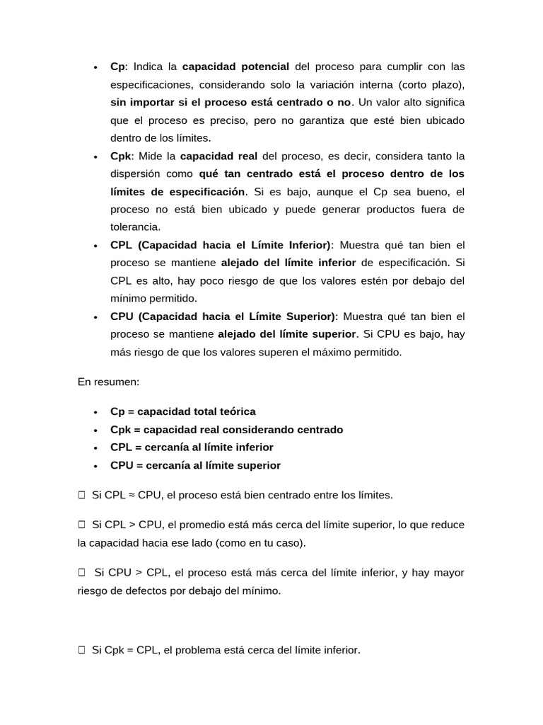 Capacidad de Procesos: Cp, Cpk, CPL, CPU | PDF