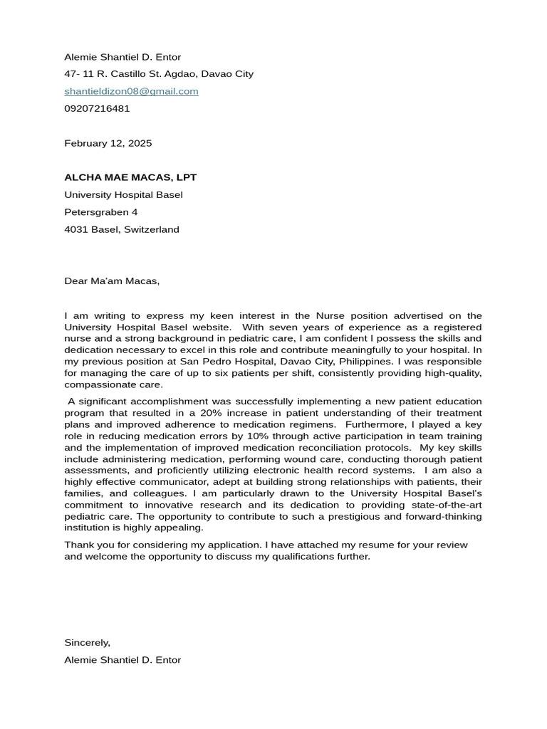 Nurse Application for University Hospital Basel | PDF