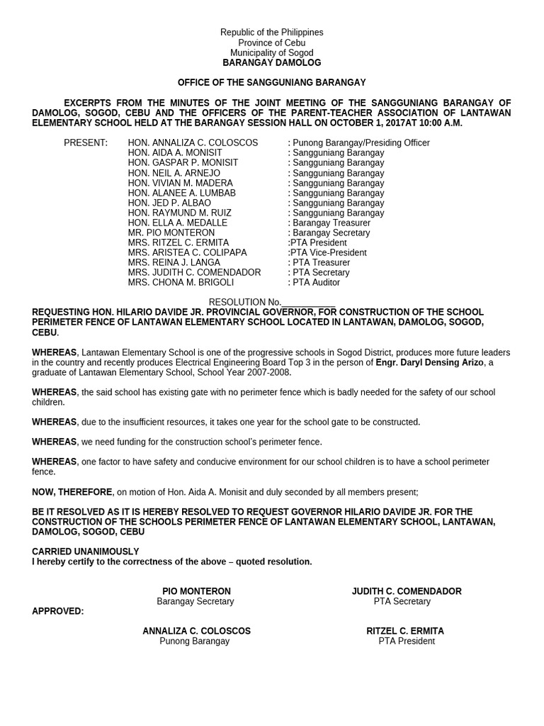 Resolution Sa Barangay(Project) | PDF