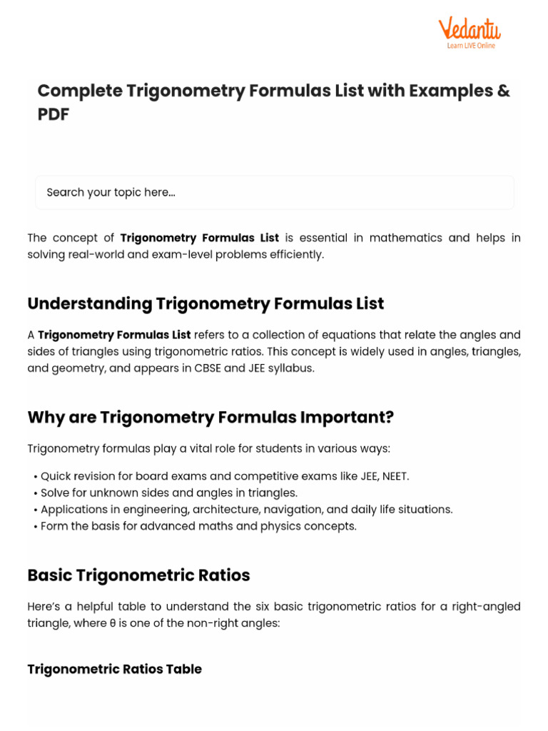 Complete Trigonometry Formulas List With Examples & PDF | PDF