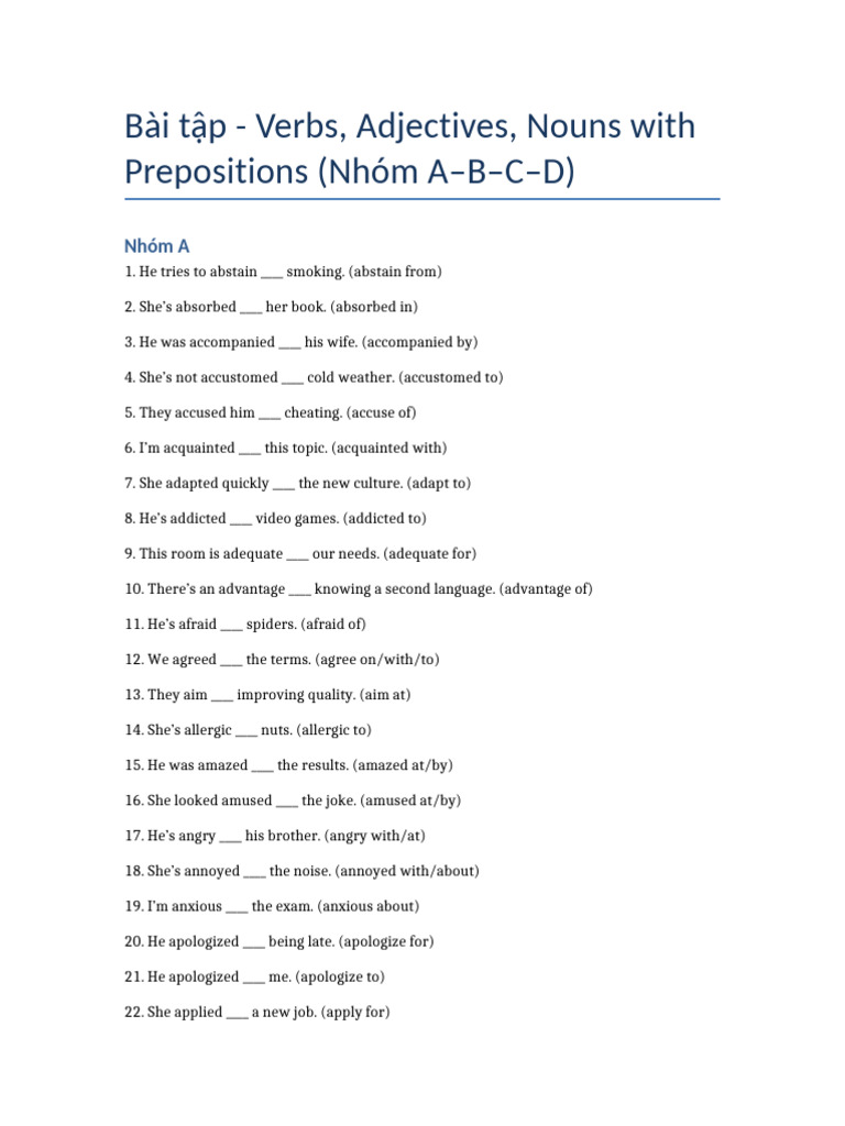 Verbs Adjectives Nouns With Prepositions Exercises ABCD FULL | PDF ...