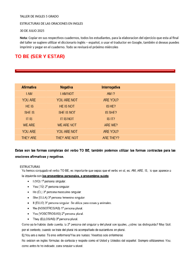 Estructuras de Oraciones en Inglés 5° Grado | PDF
