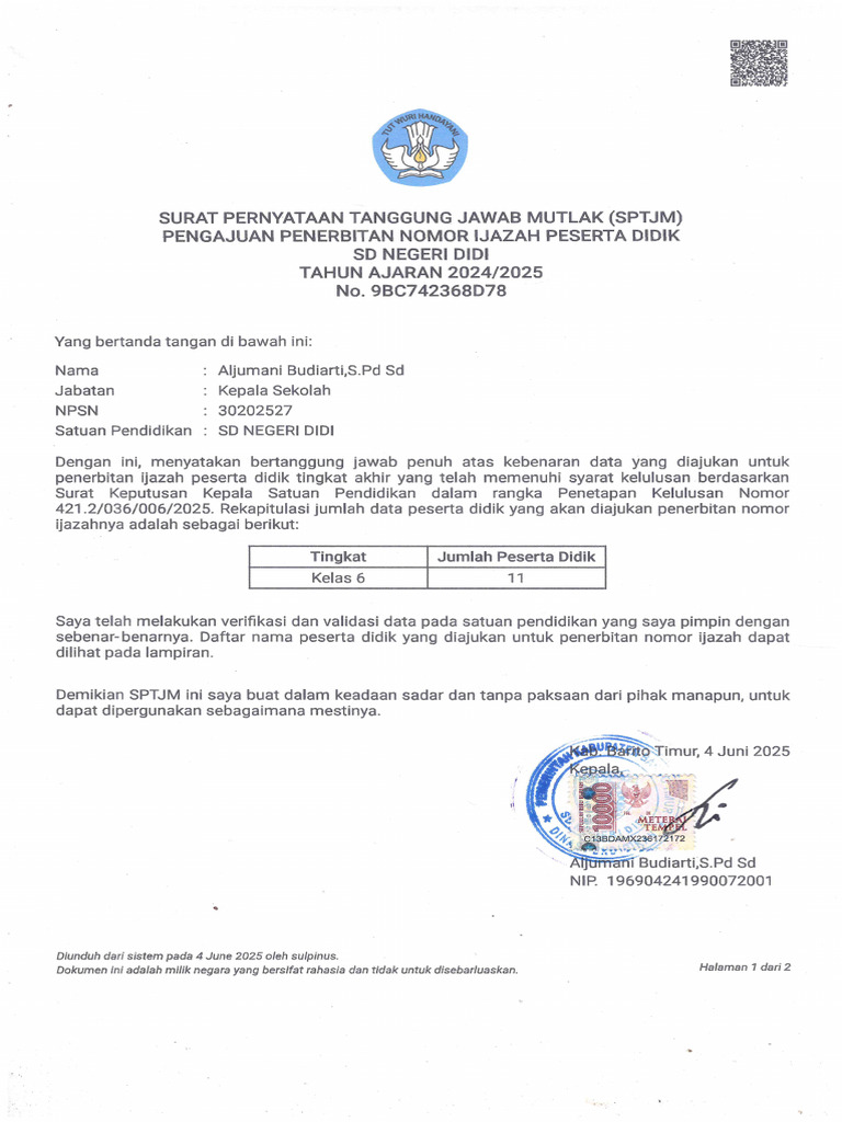 Surat SPTJM SD Negeri Didi | PDF