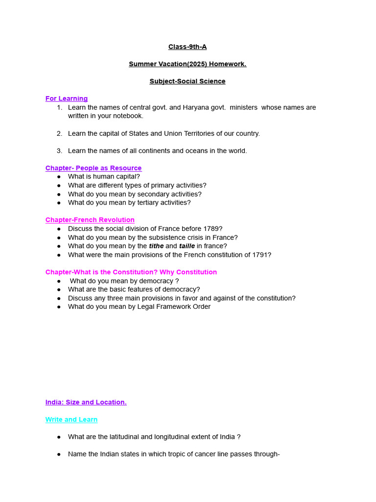 Class-9th-A Summer Vacation Holiday Homework | PDF