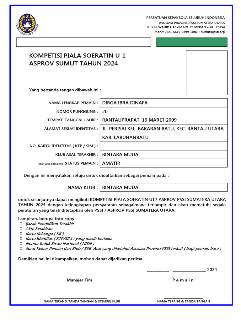 B2 Formulir Pendaftaran Pemain Individual U17 2024 | PDF