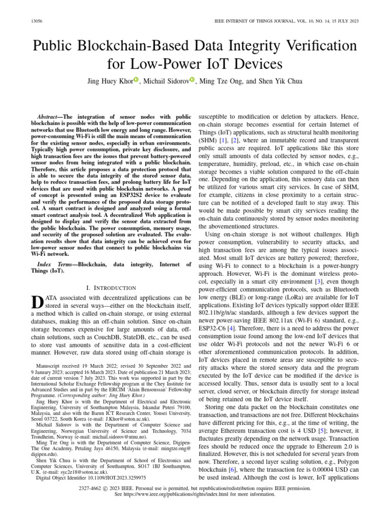 Public Blockchain-Based Data Integrity Verification For Low-Power IoT ...
