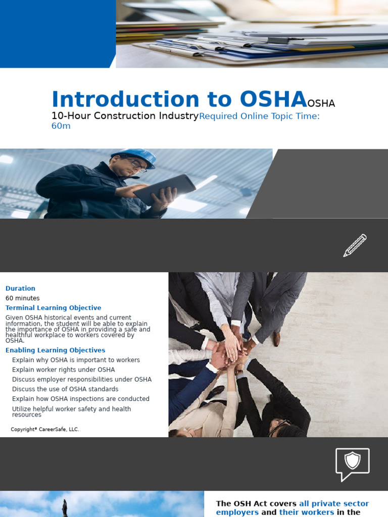 Introduction To OSHA PowerPoint | PDF | Occupational Safety And Health Administration ...