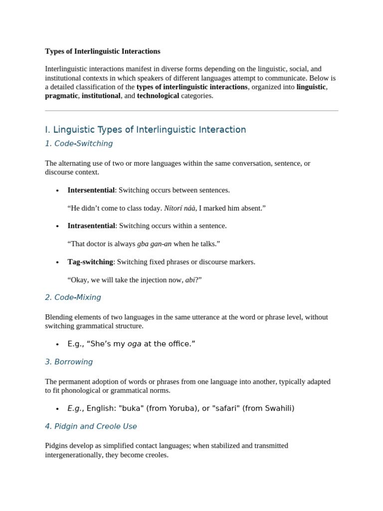 Types of Interlinguistic Interactions | PDF | Multilingualism | Language Interpretation