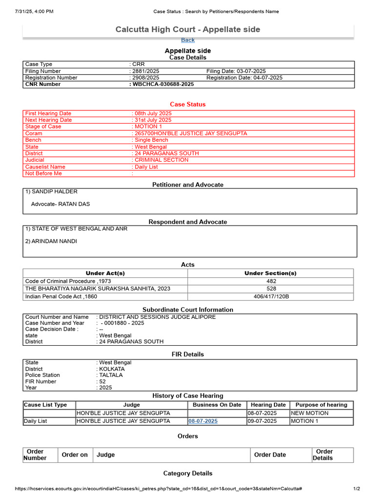 Case Status - High Court - CRR 2908 of 2025 - Sandip Halder - Versus ...
