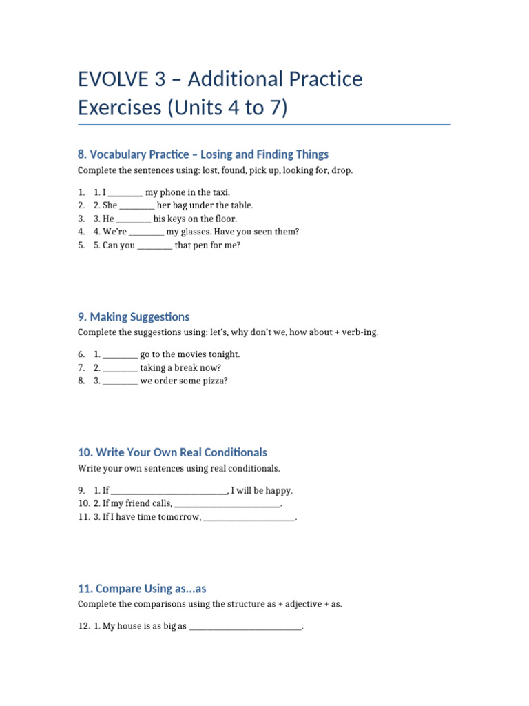 Evolve3 Extra Exercises Units4to7 | PDF