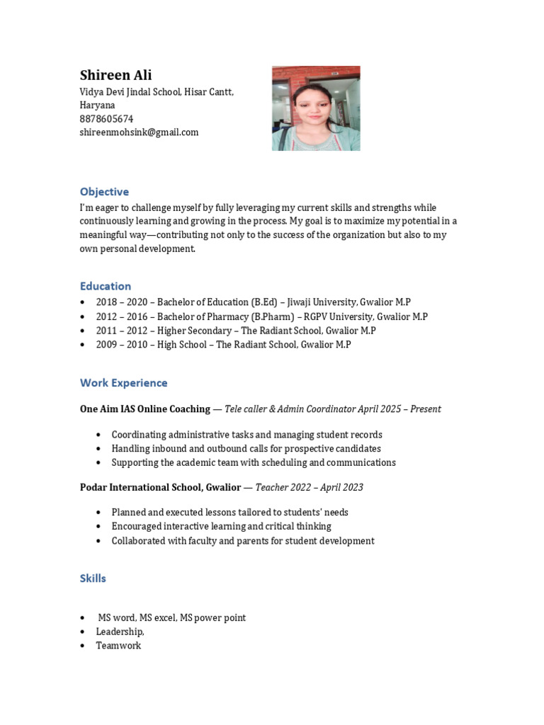 Shireen Ali Resume With Photo | PDF